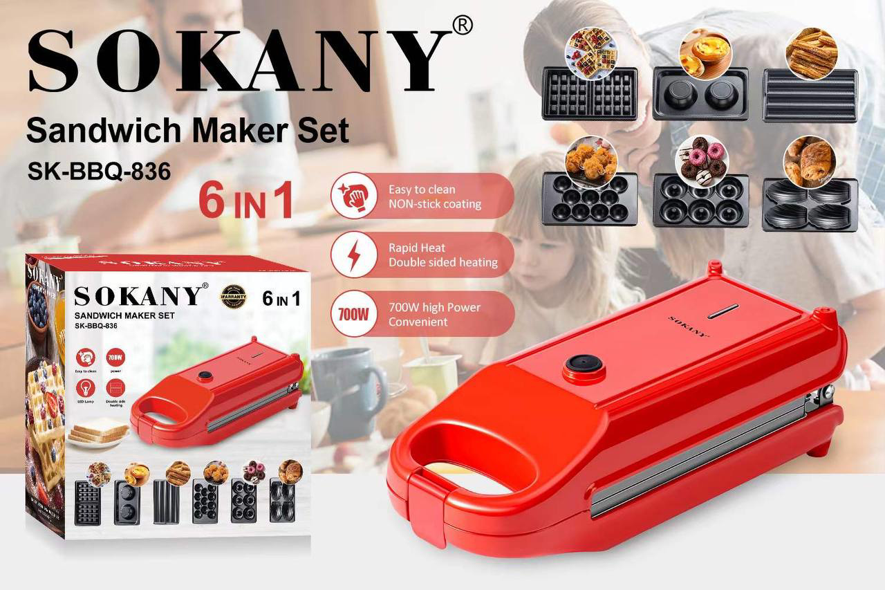 El-Iraqi Company | Sokany 6 In 1 Sandwich Maker - 700 Watt, Red - SK-BBQ-836